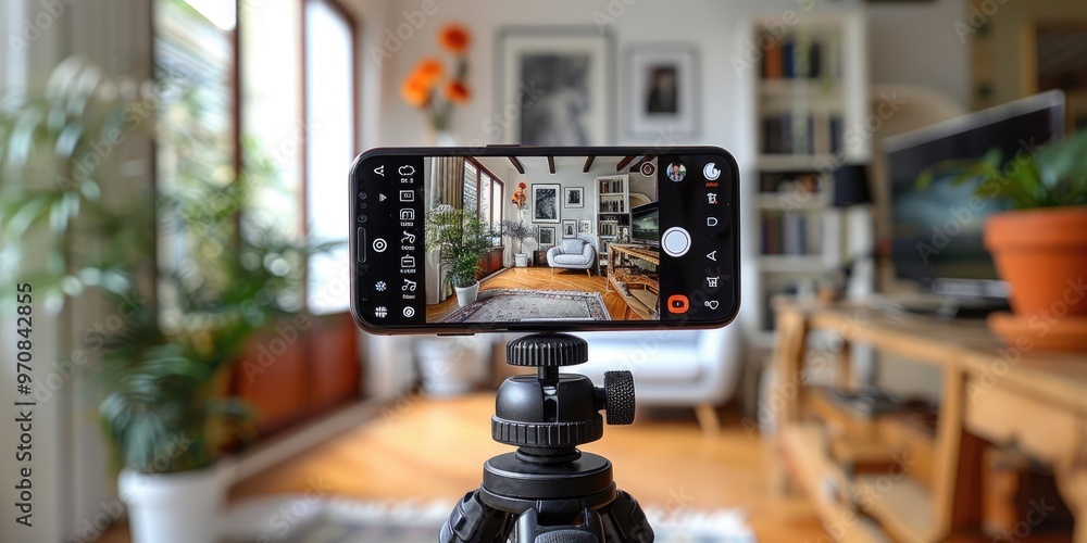 Mobile filming setup captures a cozy living room scene with stylish ...