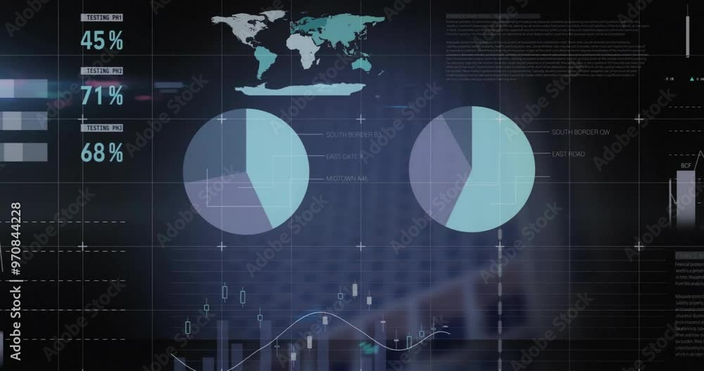 Data analysis animation over world map and pie charts with percentages ...