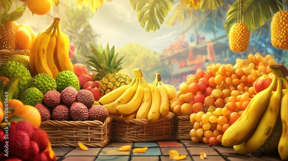 Beautiful fresh market with tropical fruits like bananas, papayas, and ...