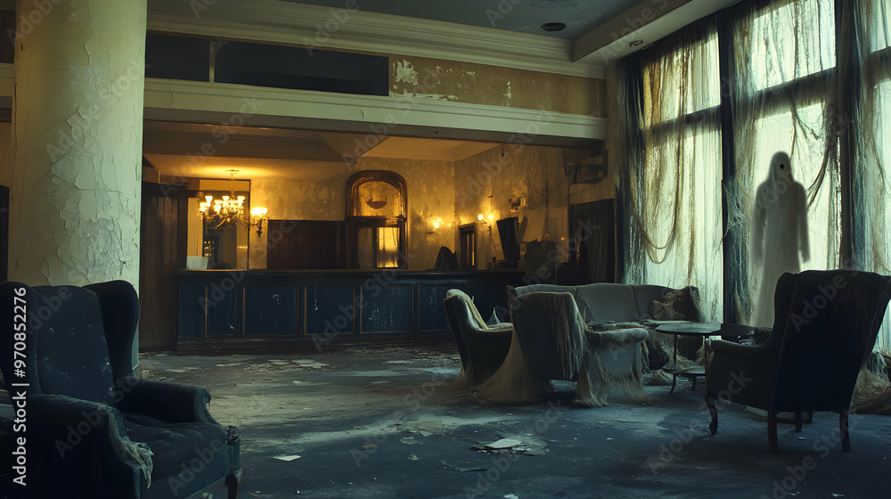 Abandoned hotel lobby with cobwebs covering the furniture, dimly flickering lights, and a ...