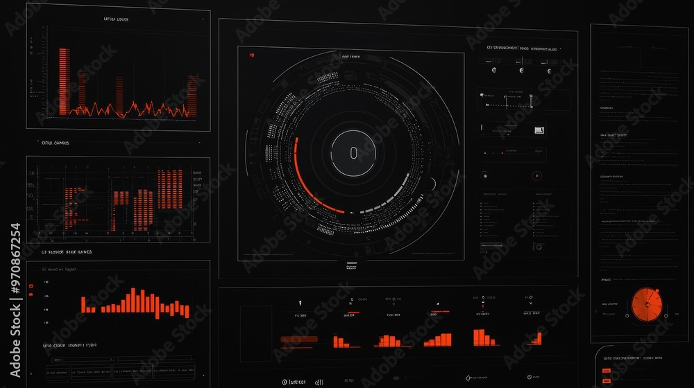A futuristic head-up display with digital data telemetry information displayed on a digital ...