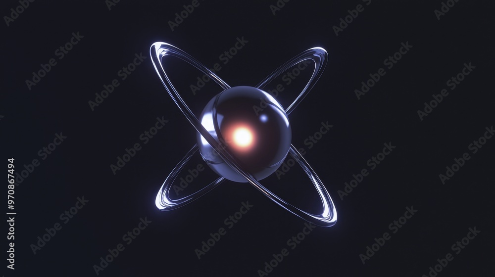 The concept illustration shows the glowing proton neutron nucleus, atom space physics, centric ...
