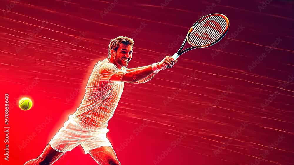 A mid-aged caucasian male tennis player in mid-swing during a night ...