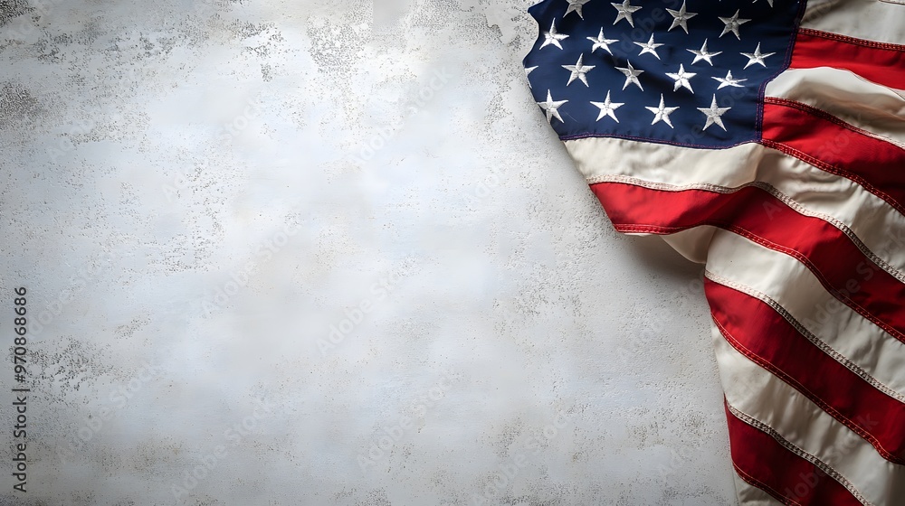 American flag corner is partially draped across a textured, light ...