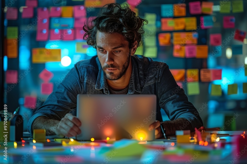 Ultra-sharp photo of a business developer using a Kanban board on a laptop, highlighting agile ...