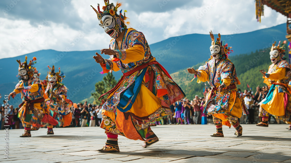 Thimphu Tshechu Festival in Bhutan, dancers in colorful costumes and ...