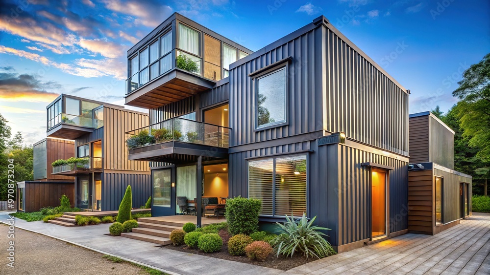 ภาพประกอบสต็อก Modern sustainable homes made from repurposed corrugated ...