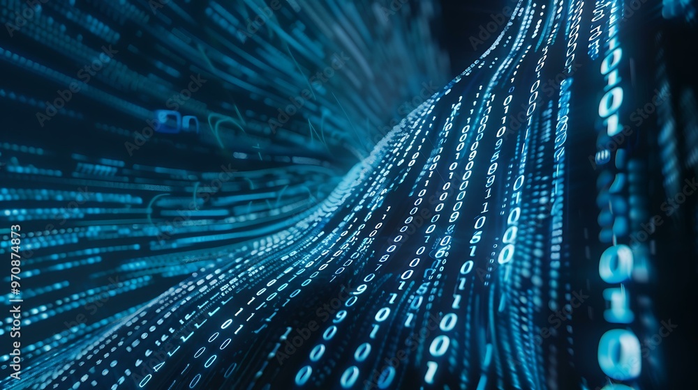 An abstract visualization of binary numbers in blue flowing across a ...
