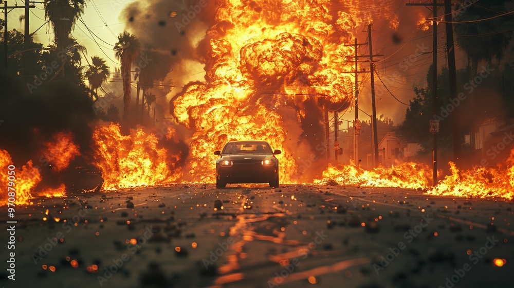 explosions, action, a man hides behind a car and aims at someone from ...