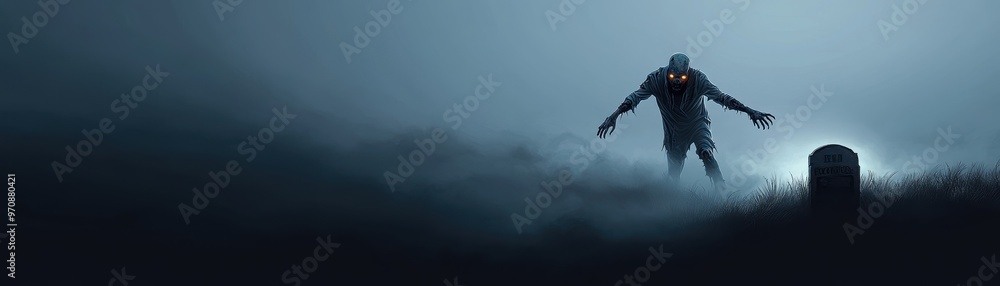 Zombie reaching out from a fog-covered grave, glowing eyes, dark ...