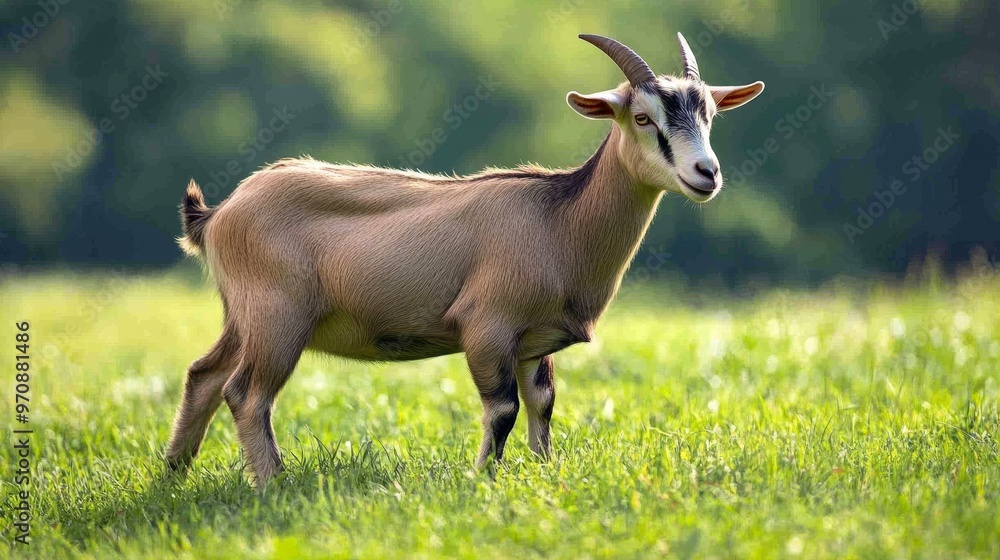 Lamancha goat on green pasture side view. Adorable pet american ...