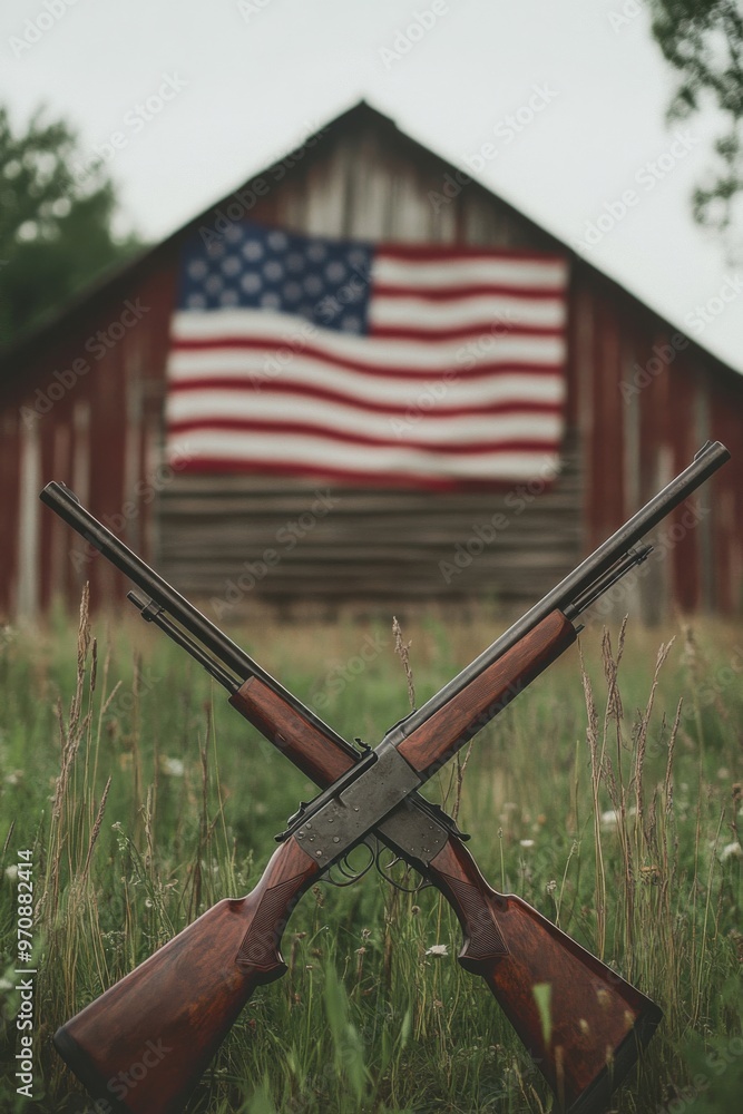 Symbolic Crossed Rifles in Front of a Rustic American Flag Barn: A ...
