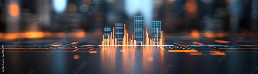 Vibrant digital city with buildings shaped like upward financial graphs ...
