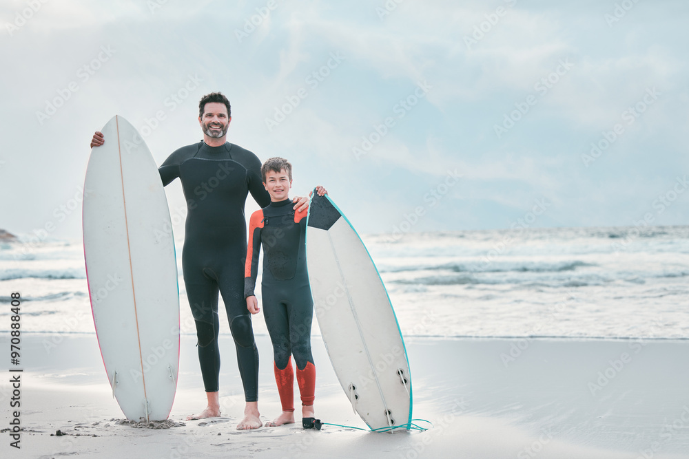 Surfboard, dad or child on beach for portrait, sports or exercise on ...