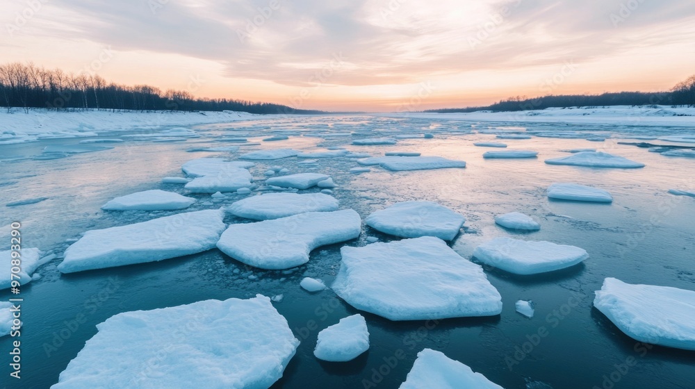 Aerial view of massive ice floes blocking a major river threatening to ...