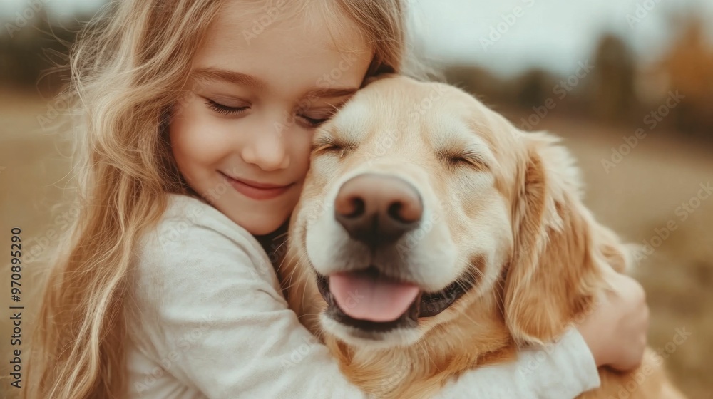 Foto de Heartwarming embrace between a young child and their loyal ...