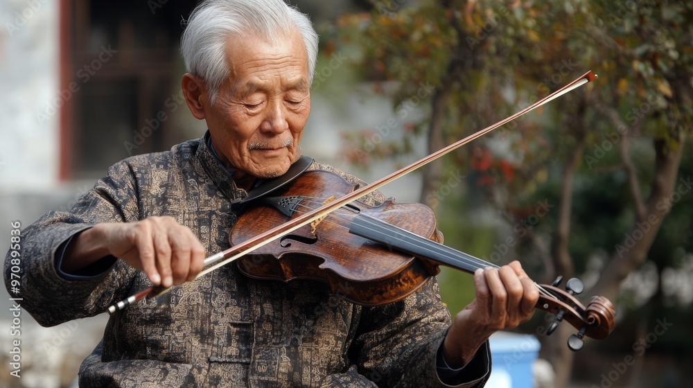 Old man plays an erhu two-stringed bowed fiddle. The Erhu is an ancient ...