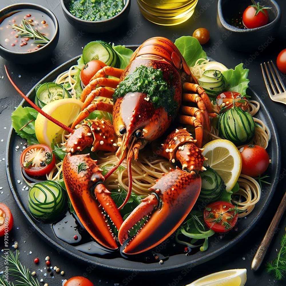Delicious cooked lobster gourmet seafood black plate of food with crab ...