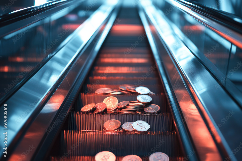 Coins scattered on descending escalator, illuminated by soft red ...