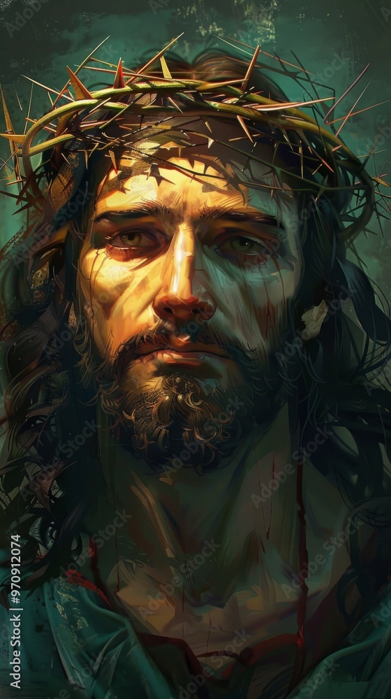 Illustration of Jesus Christ with a crown of thorns Realistic painting ...