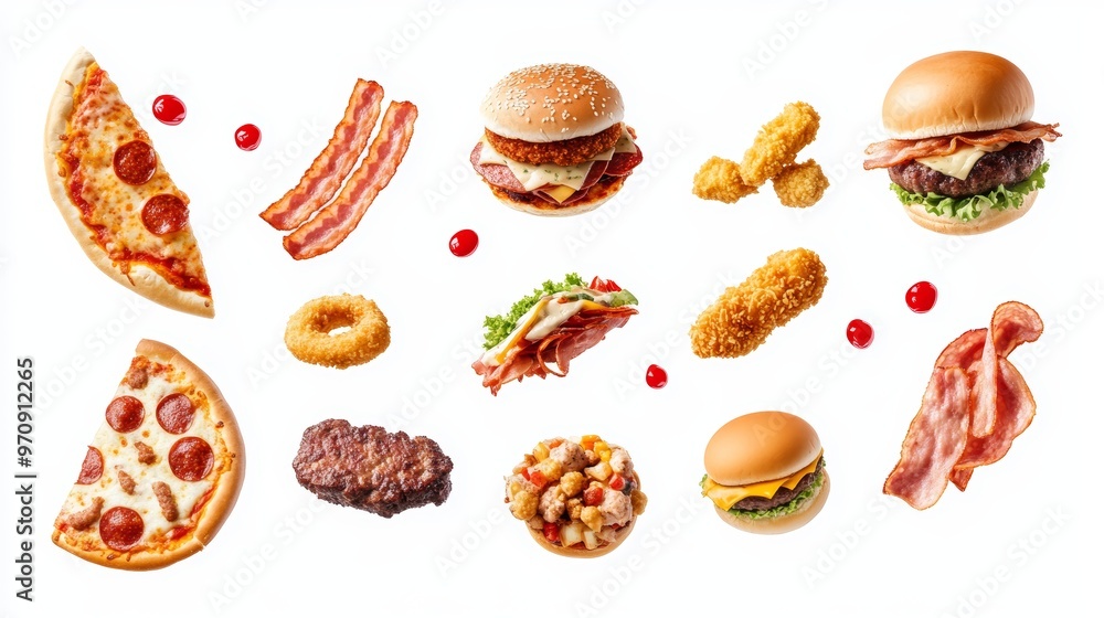 Flying fast foods set collection isolated on white background ...
