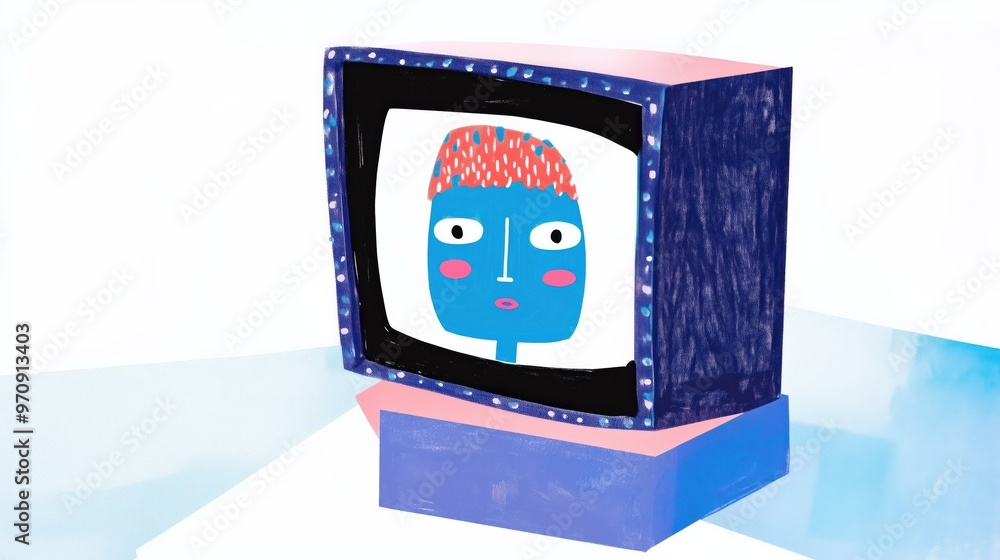 Minimalist surrealism: head in tv box on plain background for modern ...