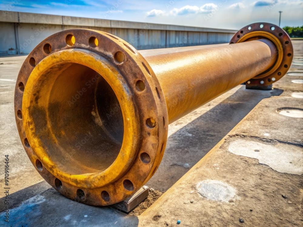 Brown ductile iron pipe with flanged ends and yellow iron surface rust ...