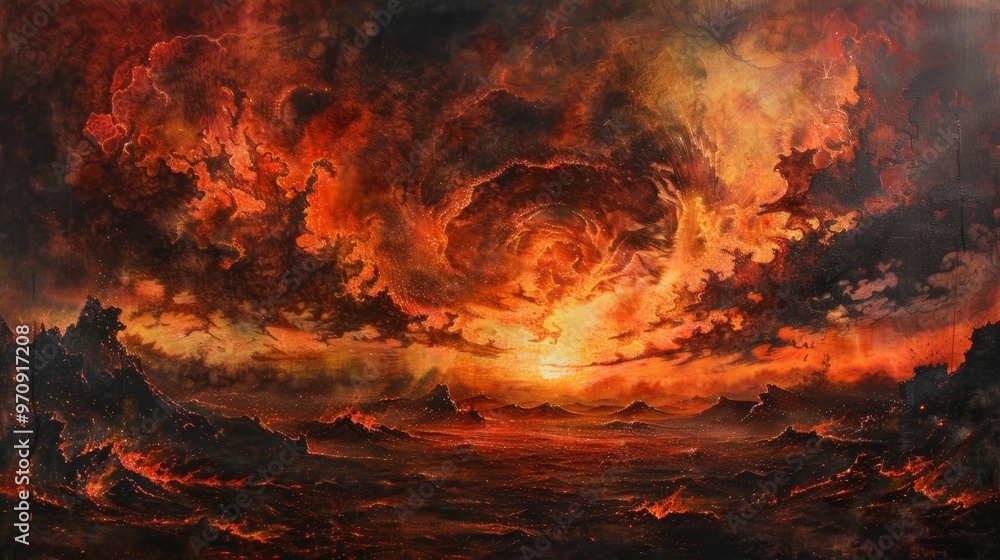 Amazing painting of hell with clouds of fire in the sunset sky and ...