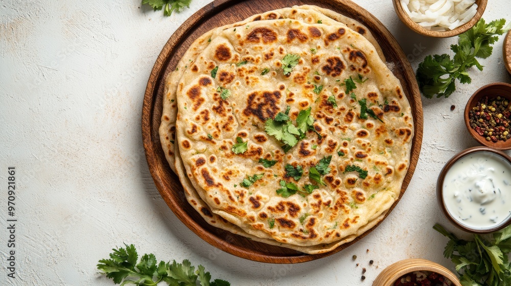 Indian traditional Hot Onion Paratha with yogurt. Indian onion stuffed ...