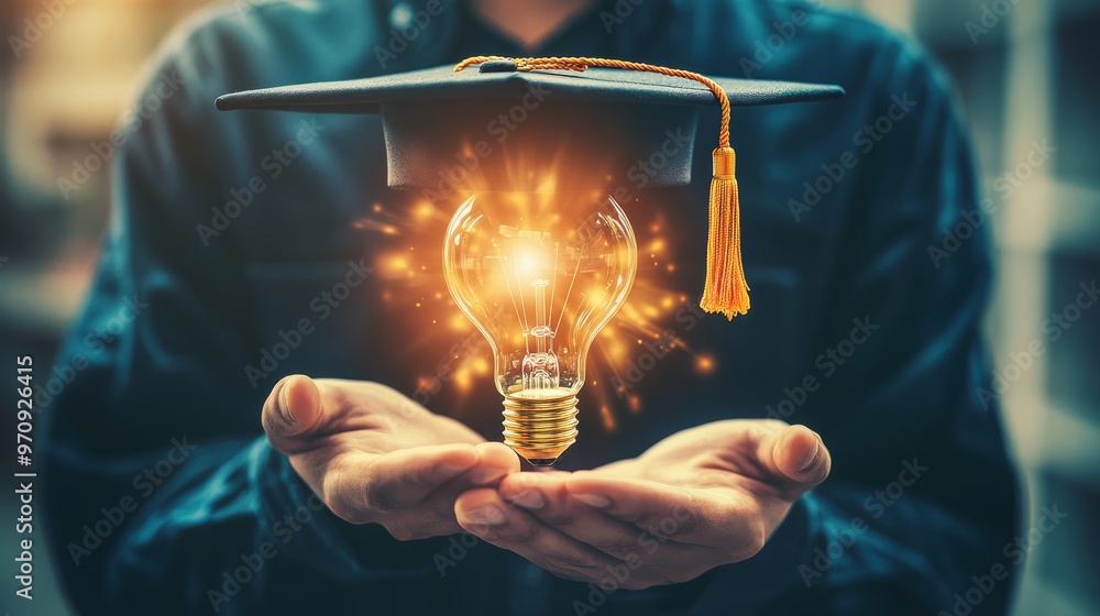 E-learning graduate certificate program concept. man holding lightbulb ...