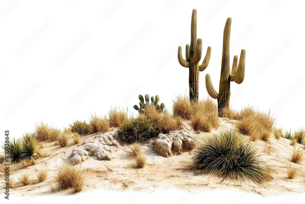 Desert landscape with tall cacti and succulents in sandy terrain, showcasing the rugged beauty ...