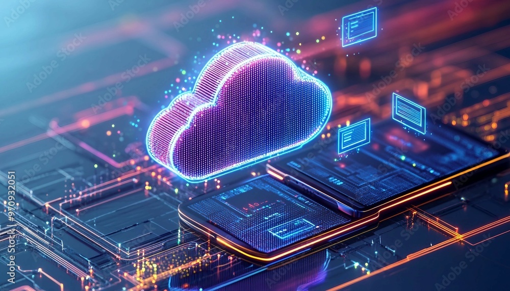 data migration, digital cloud with glowing data streams, Cloud ...