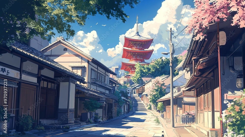 Lofi Beautiful Japanese Japan Village City Town in and Buddhist Temple ...