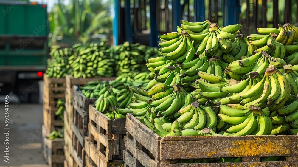 Green bananas stacked in crates with trucks nearby for transportation ...