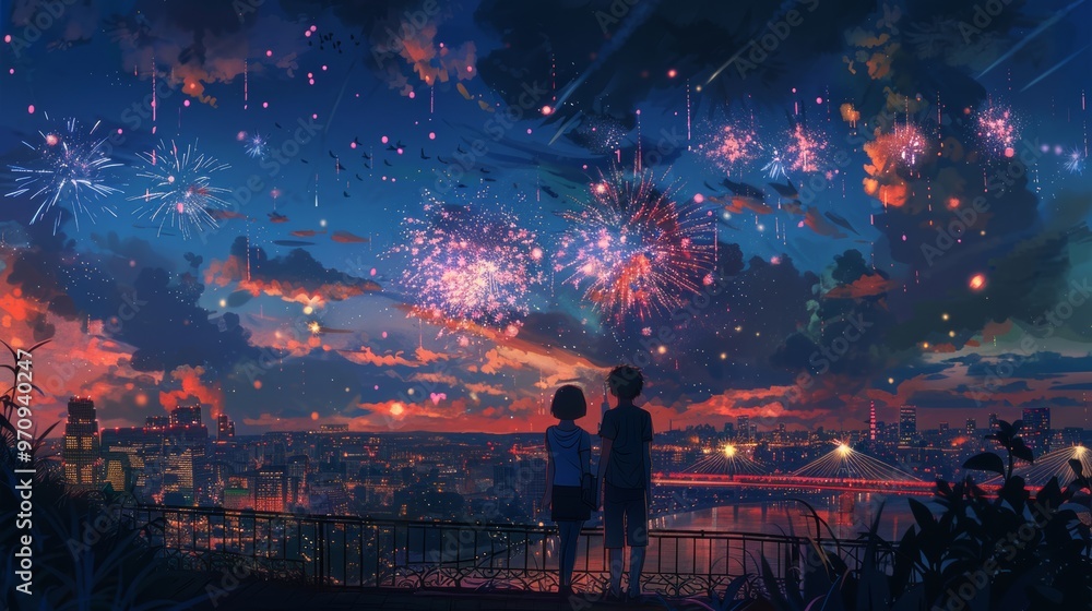 ภาพประกอบสต็อก Anime couple watching fireworks at night, Digital art ...
