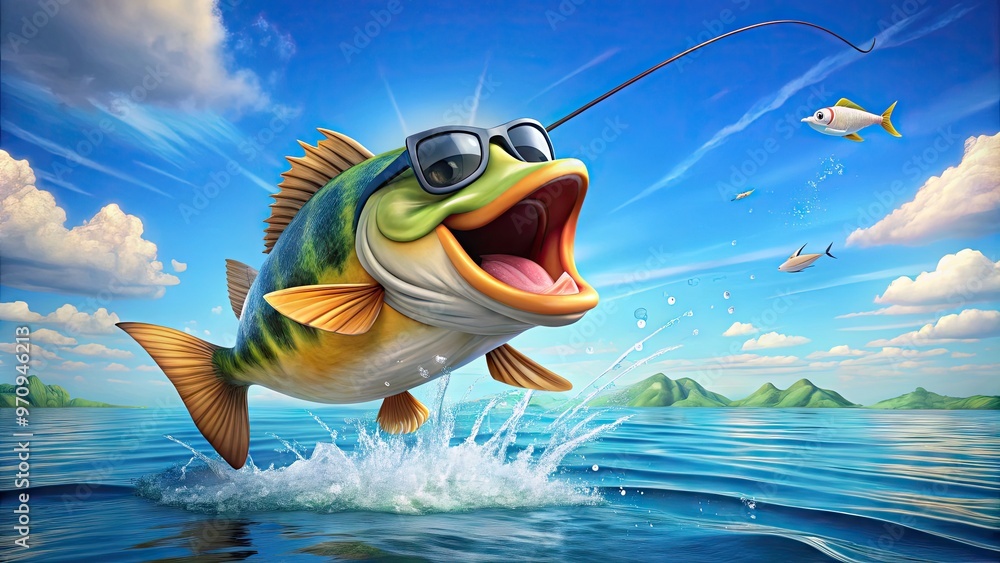 A cheerful, exaggerated cartoon fish leaps out of the water, wearing ...