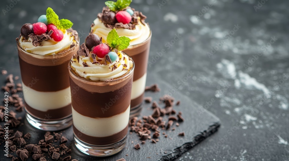 Top view of delicious double layered chocolate mousse (dark chocolate ...