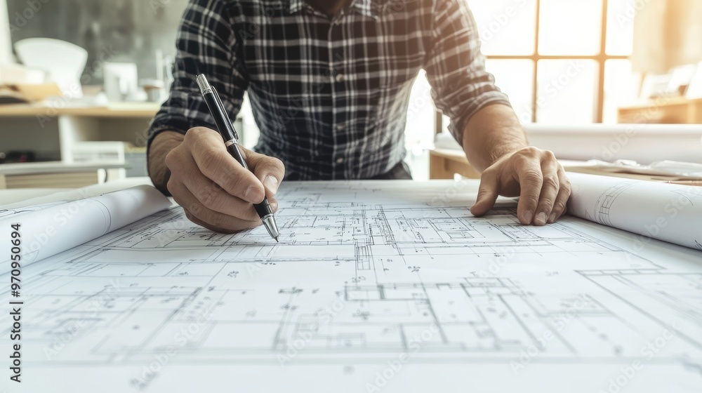 Engineer working in office draw a construction project An architects ...