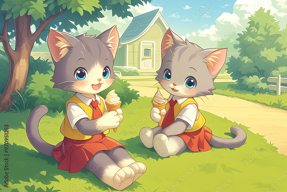 Two cute school girl cats friends in school uniforms eating ice cream ...
