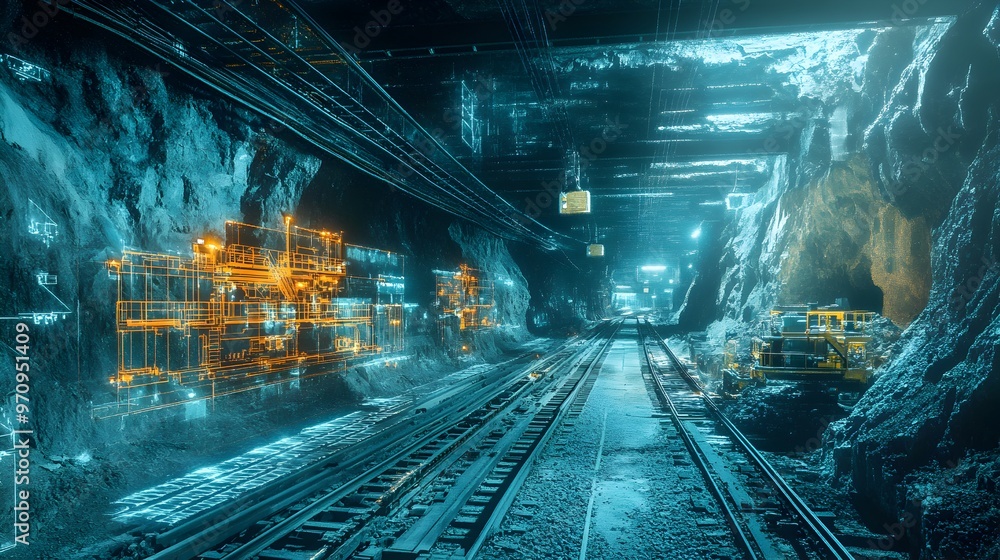 Vast underground mining tunnel filled with rails,cargo trains,and ...