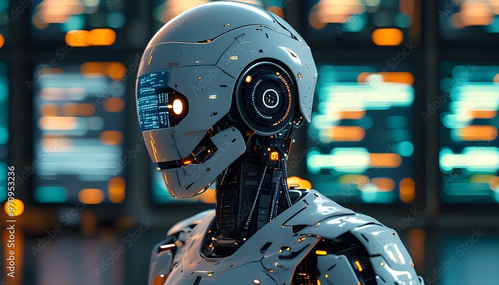 Futuristic robot evaluating code with glowing circuit board, focusing ...