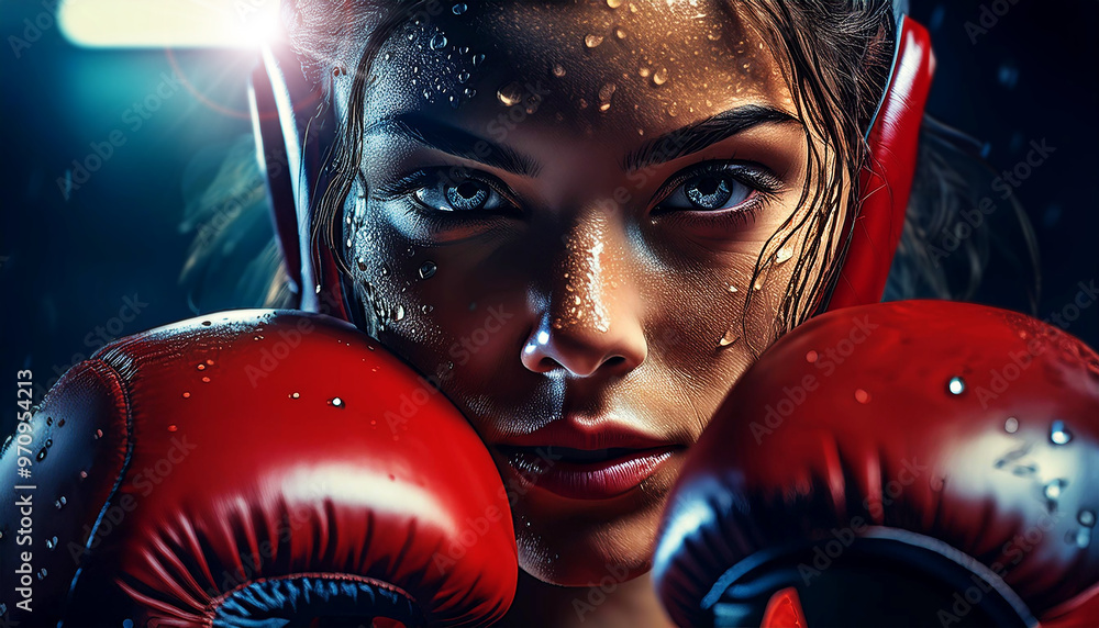 Extreme close-up of determined female boxer with red boxing gloves and ...