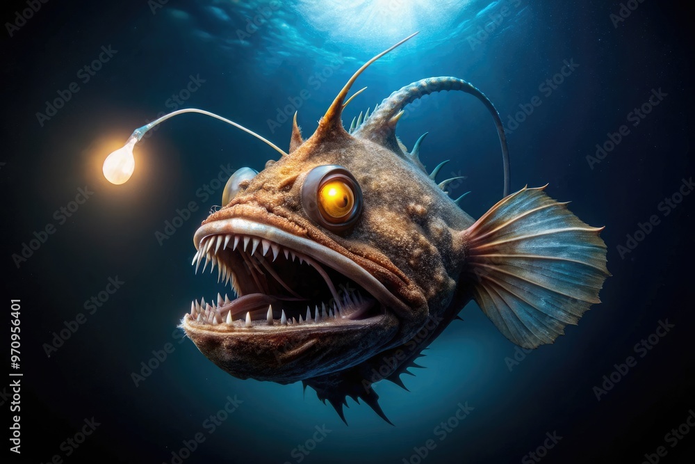 A deep-sea anglerfish with bioluminescent lure on head swims in dark ...