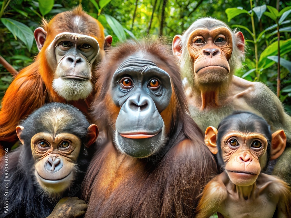 A diverse group of monkeys, including capuchin, gorilla, orangutan, and ...