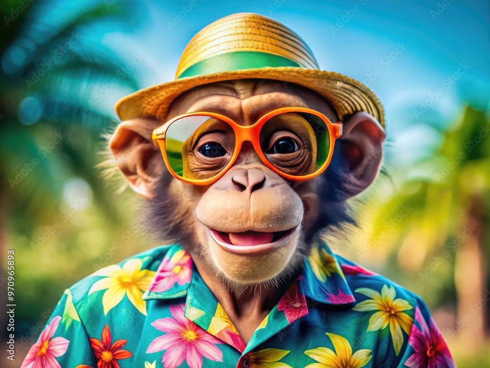 Adorable mischievous monkey in colorful sunglasses and tropical outfit ...