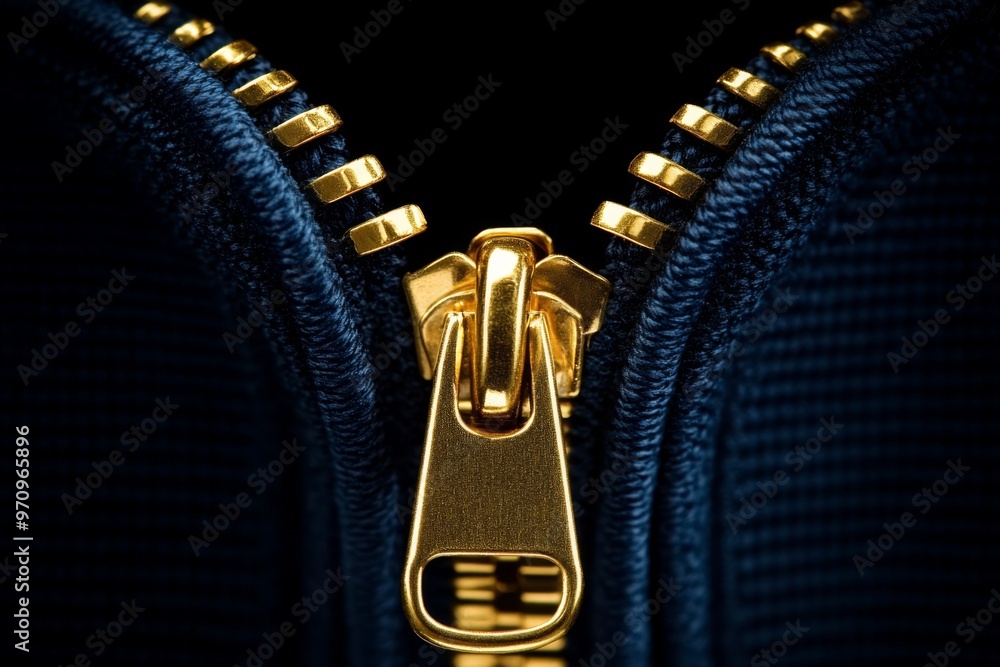 This image portrays a close-up view of a navy blue zipper with golden ...
