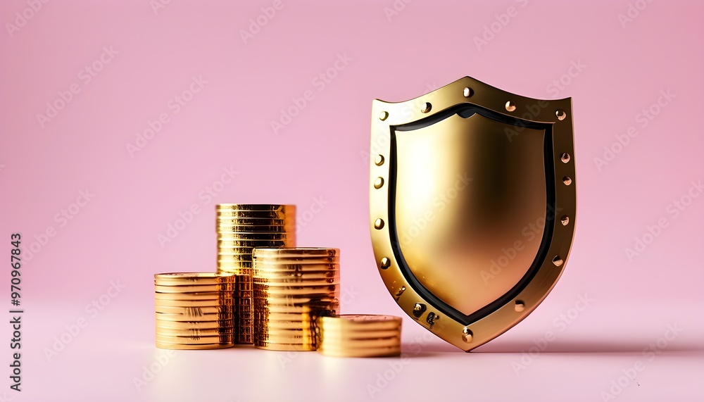 Secure shield and golden coin stacks on soft pink backdrop symbolize ...