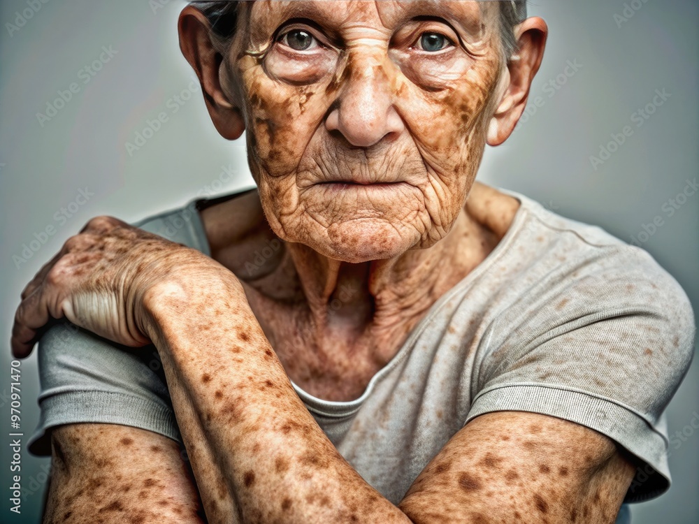 Age-related brown liver spots on wrinkled, elderly skin of arms, with ...