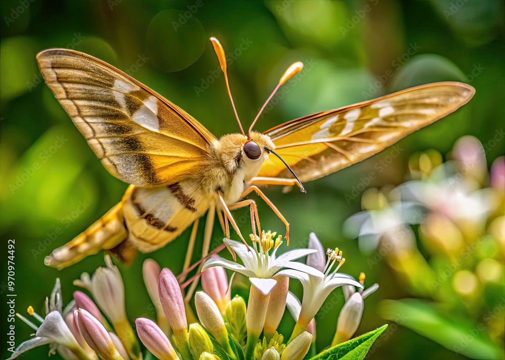 A large, buff-colored sphinx moth with striking white or yellow ...