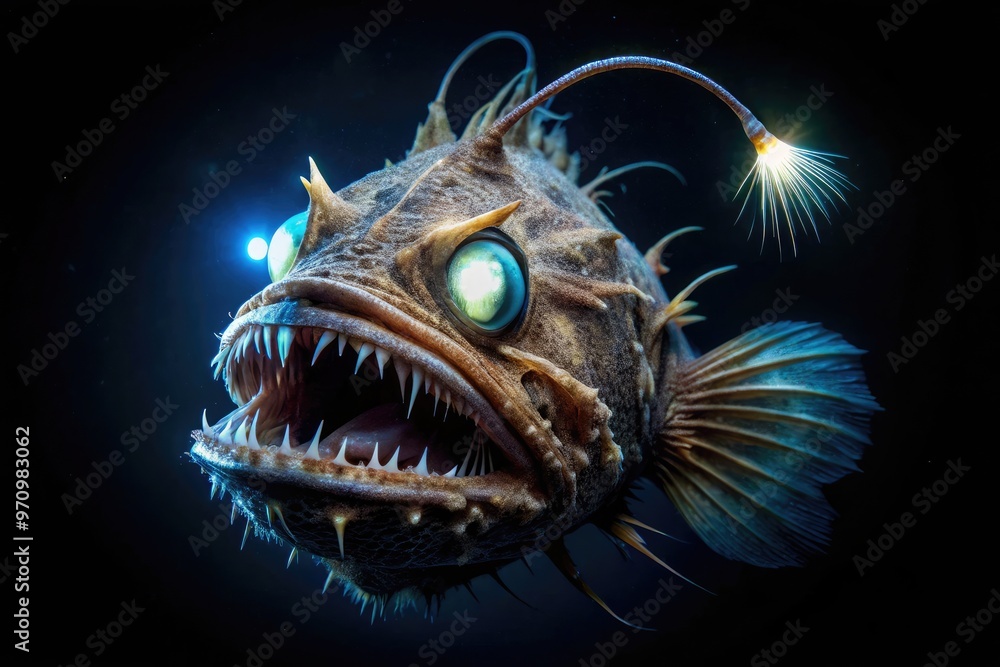 A menacing, sharp-toothed anglerfish with bioluminescent lures stares ...